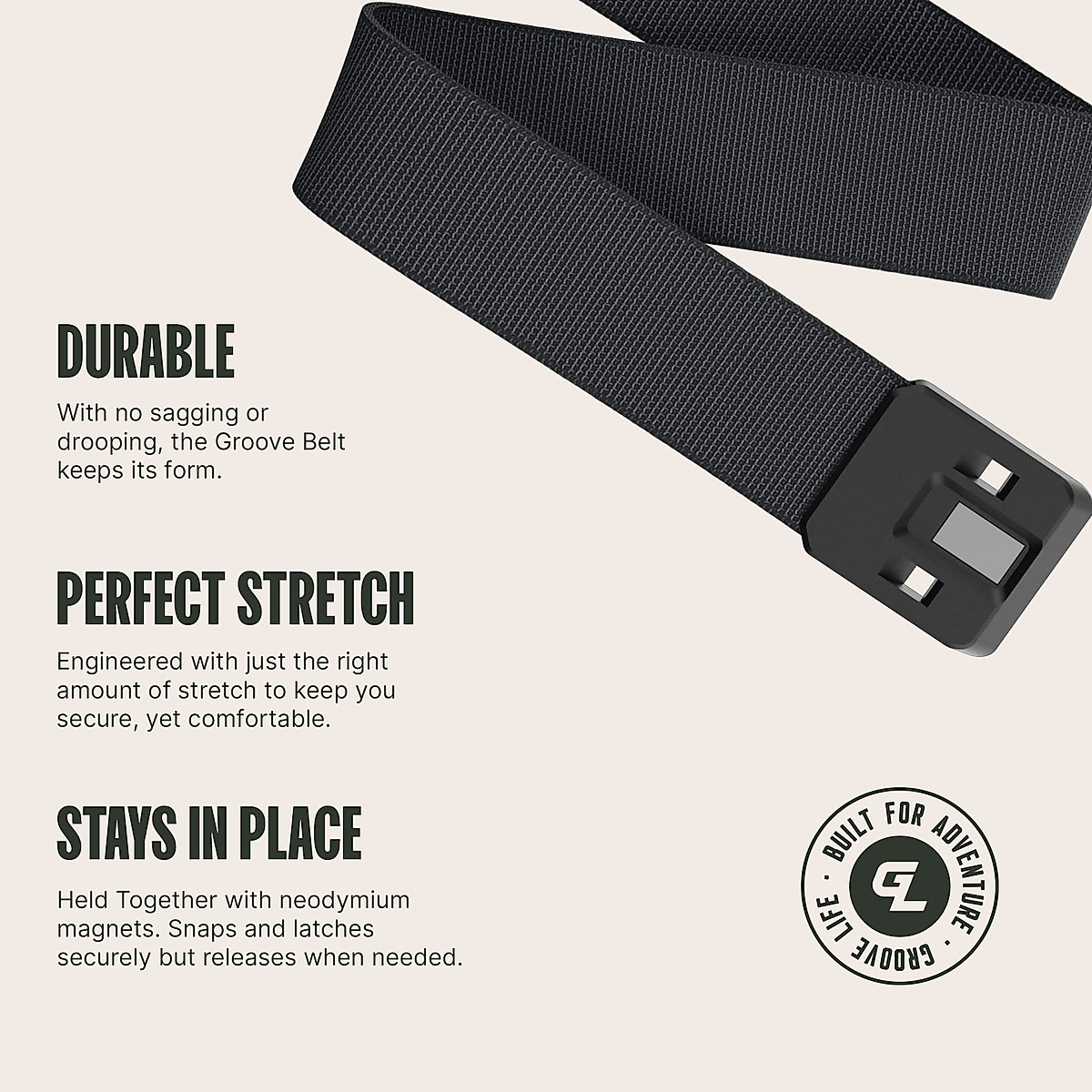 Groove Life Groove Belt Gun Metal/Stone - Men's Stretch Nylon Belt with Magnetic Aluminum Buckle, Lifetime Coverage - Large (37-40")