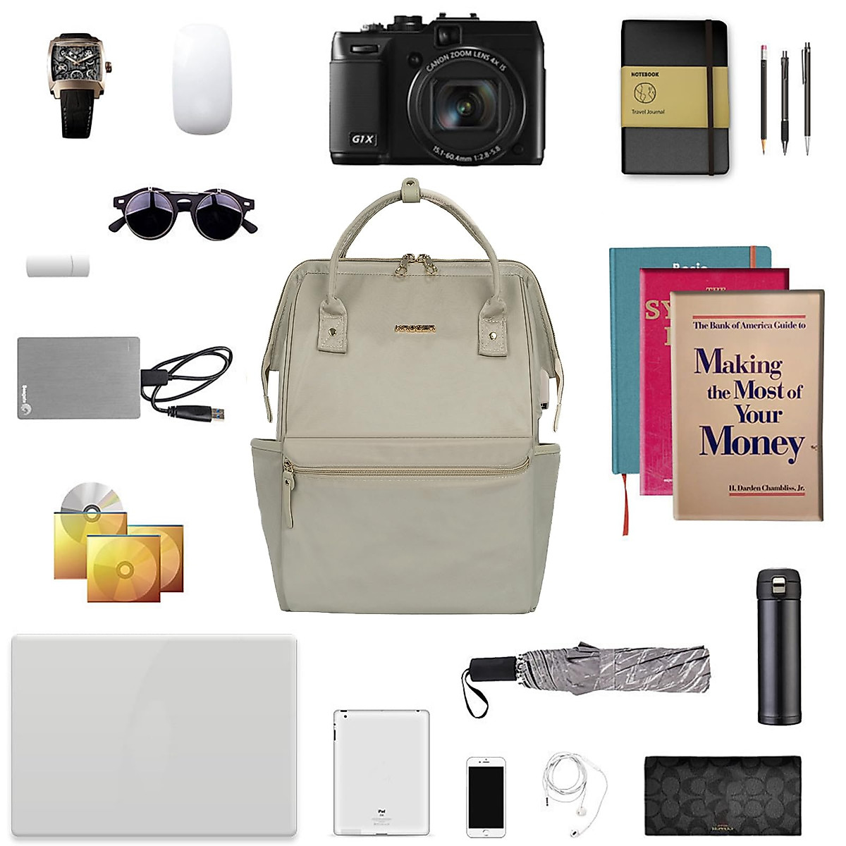 KROSER Laptop Backpack 17" Stylish Backpack Water Repellent College Casual Daypack with USB Port Travel Business Work Bag for Men/Women Light khaki