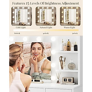 LIVELYGLOW Vanity Desk with Mirror and Lights, Makeup Vanity with Drawer & Storage Shelves, Cabinet, 3 Lighting Modes Adjustable Brightness, Bedroom Dressing Table, White
