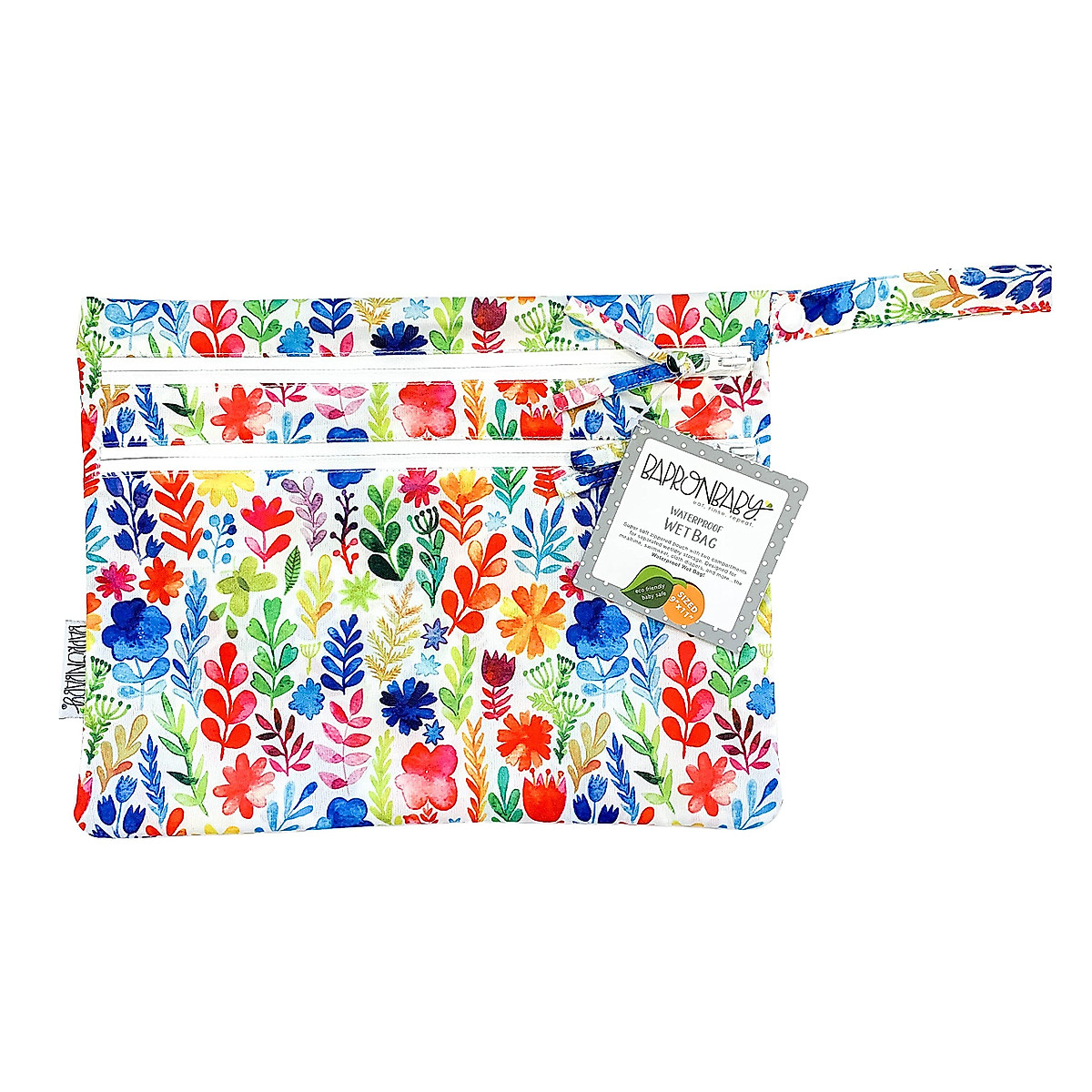 BapronBaby Rainbow Watercolor Floral Wet Dry Bag - Waterproof Two Zipper Pockets - Reusable for Mealtime, Diapers, Stroller, Snacks, Swimsuits - Machine Washable - 11" x 9"