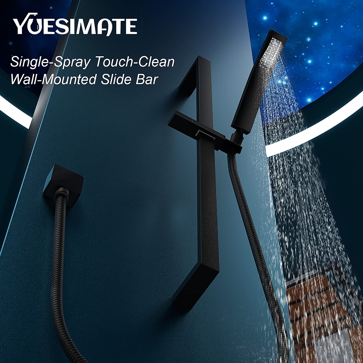 YUESIMATE Round Hand Held Shower Head with Slide Bar, Brass Shower Slide Bar Matte Black, Adjustable Height Shower Head with Handheld Spray, Shower Wand Holder, 59.06-Inch Shower Hose