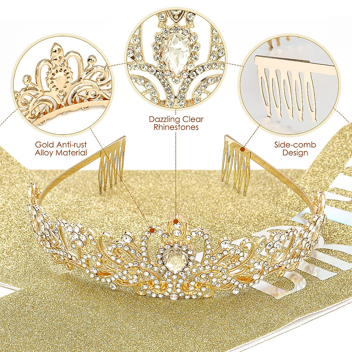 Makone Gold Birthday Princess Crown with Birthday Queen Sash Tiaras for Women or Girls Crystal Headband Hair Accessories for Party Cake Topper