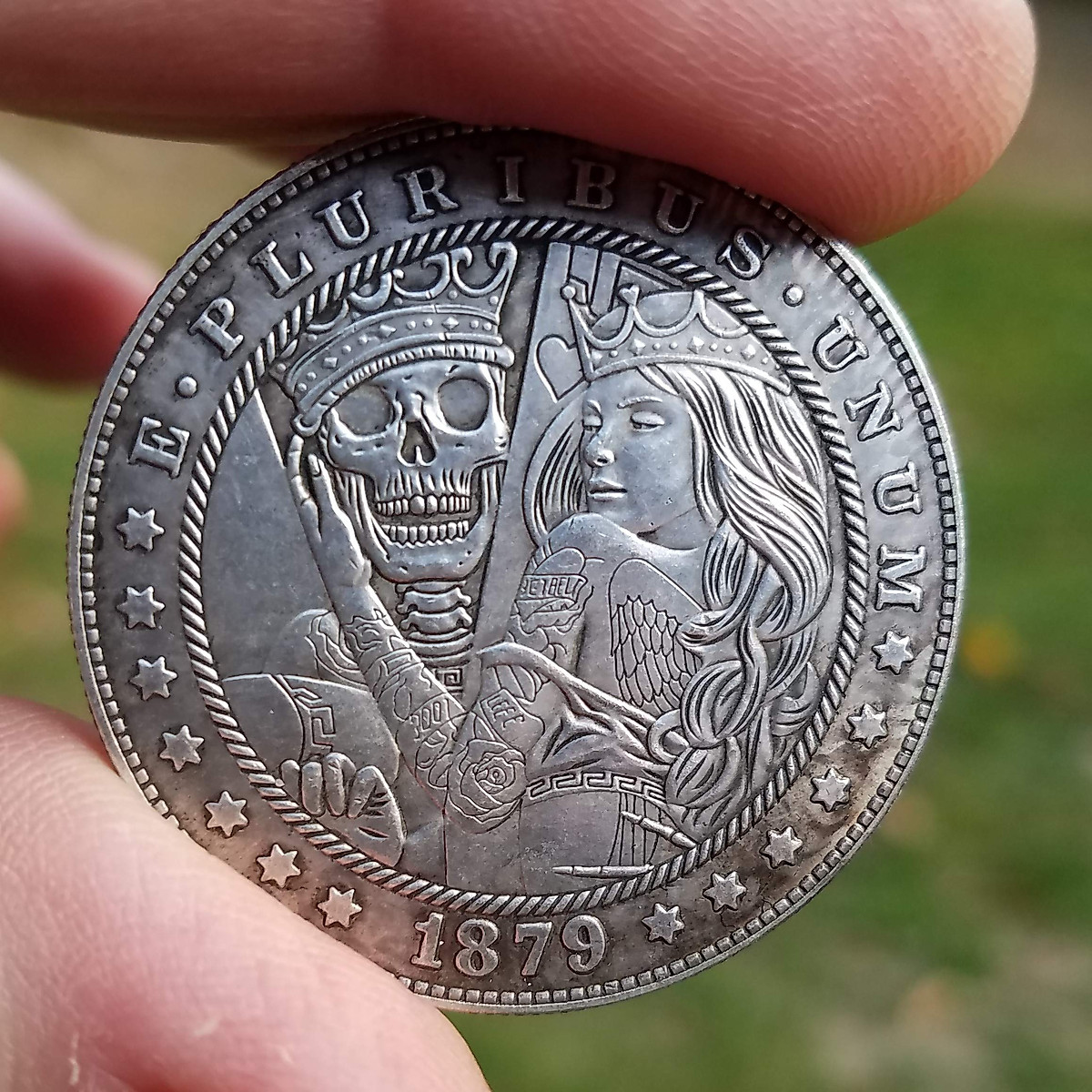 1879 Tattoo Princess with Her Skeleton King Art Coin Replica Morgan Silver Dollar Carson City Mint Mark 1.5" (38mm) Collectible with Protective Capsule and Display Stand – Comes with Display Stand