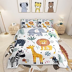 Feelyou Kids Zoo Animal Comforter Set Cute Wild Animals Bedding Set Cartoon Safari Wild Print Comforter for Boys Girls Children Teens Bedroom Decor Exotic Natural Theme Duvet Set Twin Size