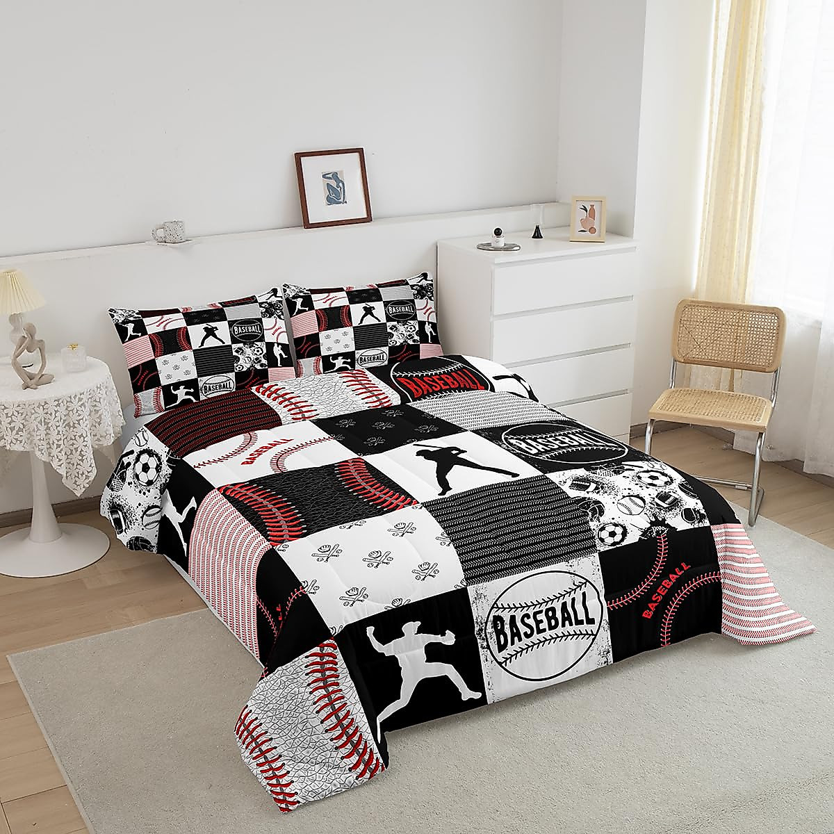 Erosebridal Twin Kids Baseball Comforter Set Softball Bedding Set Sports Game Quilted Comforter for Kids Patchwork Down Comforter Baseball Gift Duvet Insert 2pcs, Red Black Gray,Twin