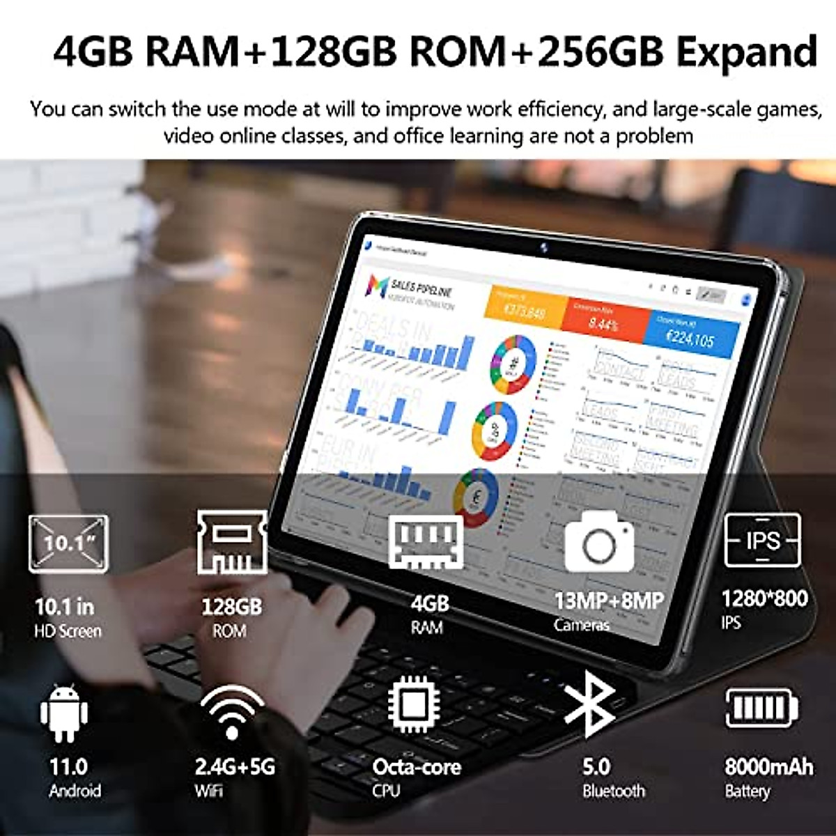 2023 Newest 2 in 1 Tablet 128GB Storage+1TB Expand 10 inch Tablets, 2.4G&5G WIFI Tablet PC, Android Tablet with Keyboard, Octa Core, HD Touchscreen,13MP Dual Camera, GMS Tablet with Case Mouse (Gray)