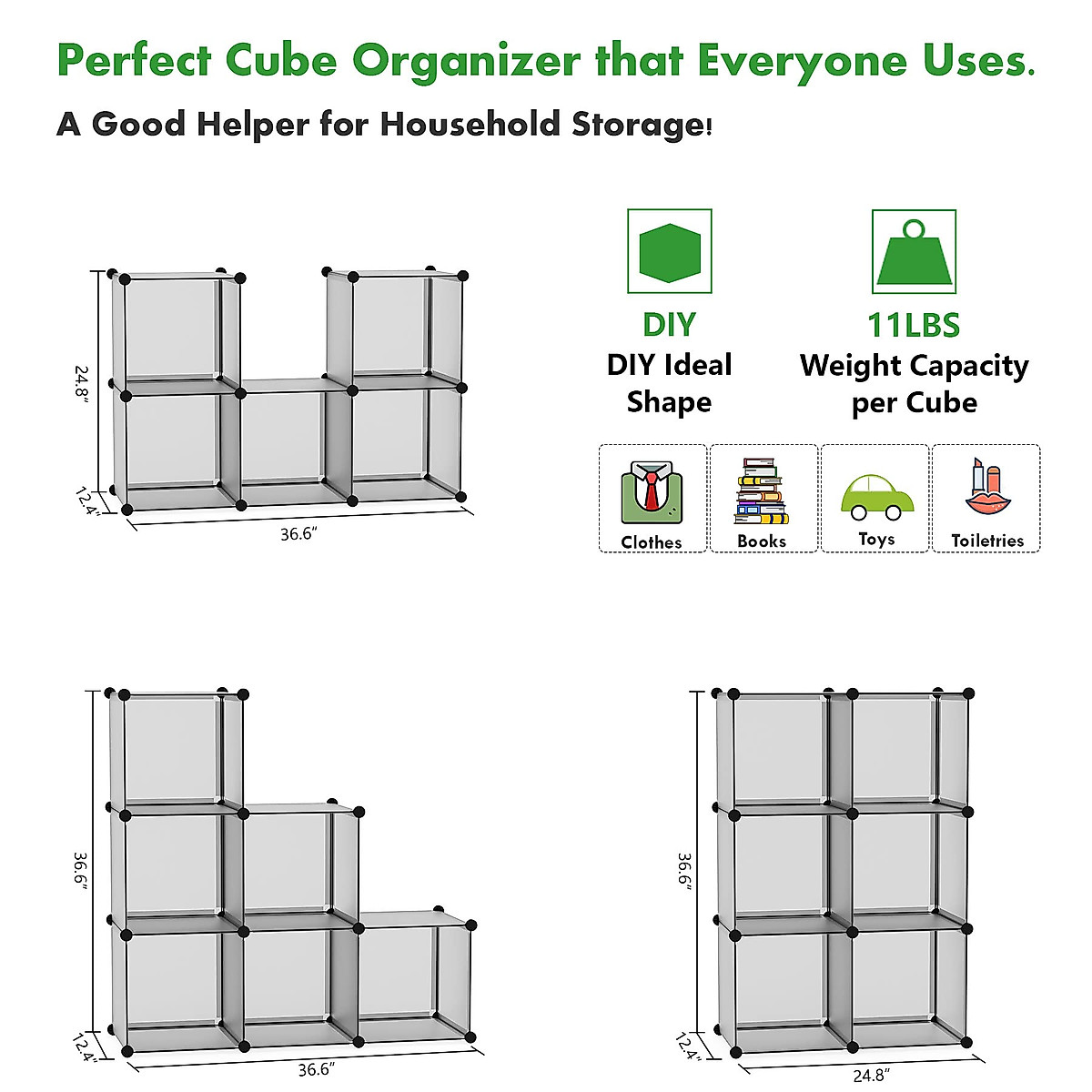 C&AHOME Cube Storage Organizer, 6-Cube Shelves Units, Closet Cabinet, DIY Plastic Modular Book Shelf, Ideal for Bedroom, Living Room, Office, 36.6" L x 12.4" W x 36.6" H Grey UPCS06G