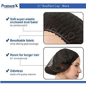ProtectX 100-Pack Black Disposable Hair Nets, Elastic Head Cover, Bouffant Caps, Sanitation Head Cover for Food Service, Spa Men & Women - 21 inch