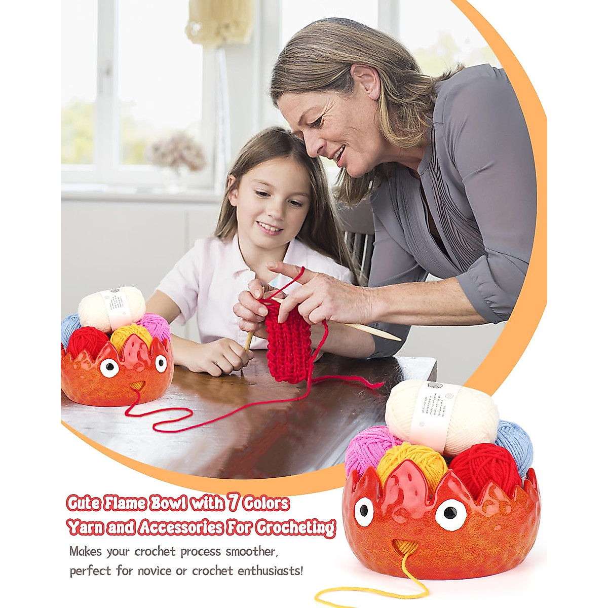 Coopay Flame Yarn Bowl for Crocheting/Knitting, Cute Yarn Storage Bowl with 7PCS Yarn, Large Size Ceramic Yarn Bowl Crochet Knitting Bowl for Beginners, Great Knitting Crochet Gift (6.8in)