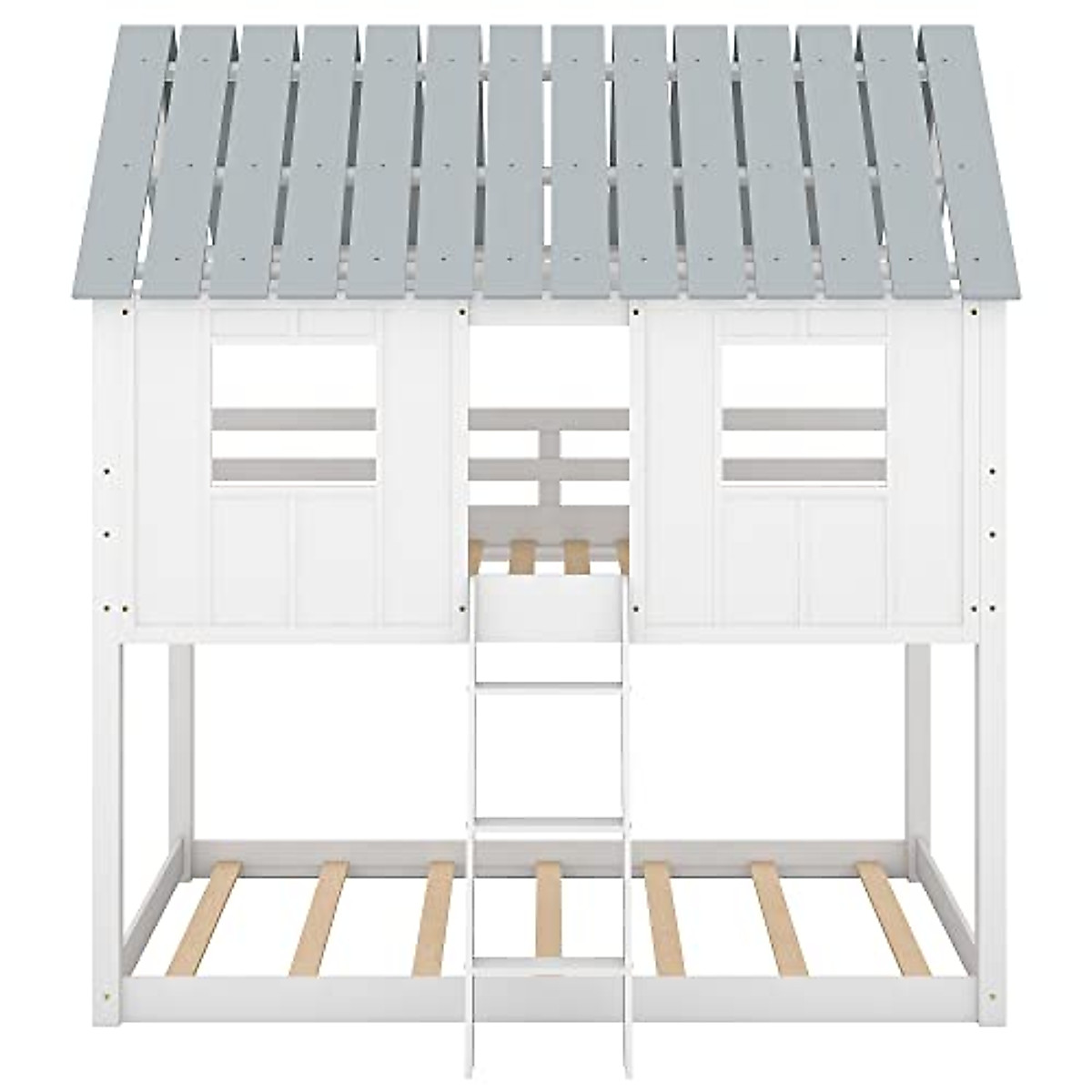 Bunk Bed Twin Over Twin , House Bed for Kids with Roof and Windows,Wood Low House Bunk Beds with Guard Rails for Toddlers ,White