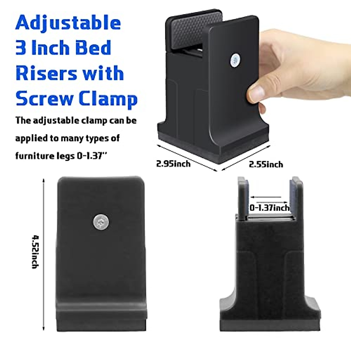 Twakashic Table Bed Risers 3''with Adjustable Screw Clamp, Heavy Duty Desk Bed Furniture Risers, Fit for Furniture Thickness 0-1.5'', Supports 5000 lbs(Black, 4 Pack)