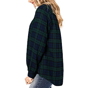 Remidoo Women's Long Sleeve Tie Knot Collared Button Down Plaid Flannel Shirt Green Small