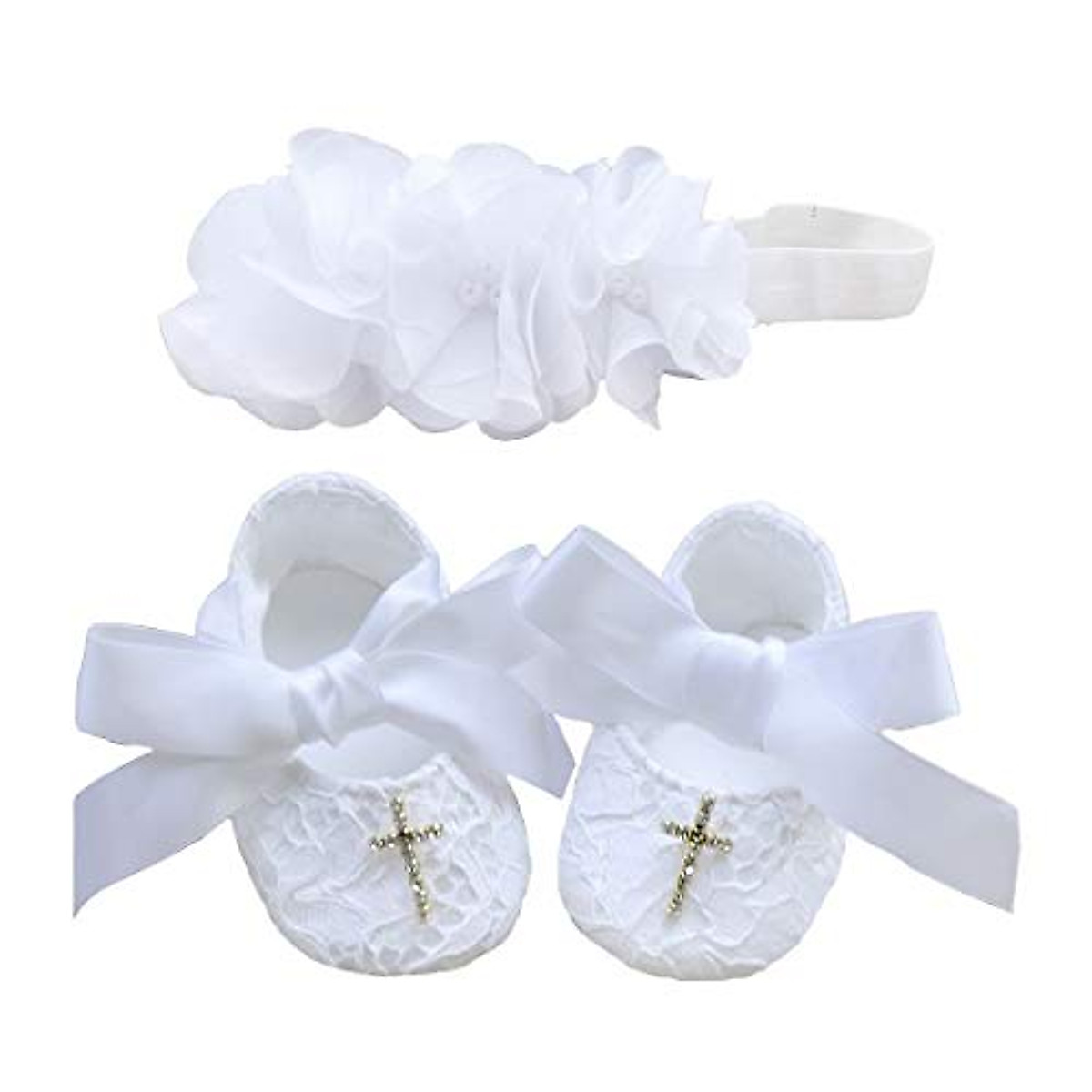 Bow Dream Baby Girl Baptism Christening Shoes and Headband Set White Reinstones 0-3 Months