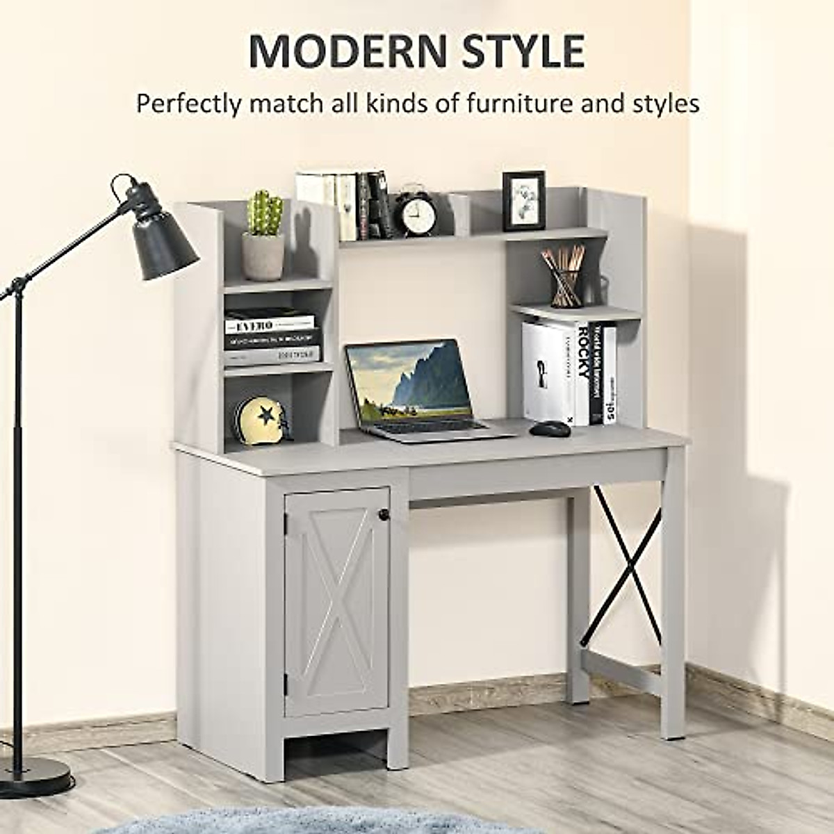 HOMCOM Farmhouse Computer Desk with Hutch and Cabinet, Home Office Desk with Storage, for Study, Light Grey