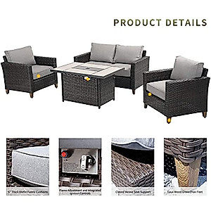 Grand patio Sofa Sets 5 Pieces Conversation Set with Fire Pit Table, Luxury Heavy Duty Wicker Patio Furniture Sectional Sofa with Thick Cushions (Brown Set with Fire Pit, 5 PCS)