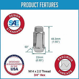 Wheel Accessories Parts 32 Pcs M14 x 2 14 x 2 Thread Bulge Acorn 1.90" Long Lug Nuts Chrome 3/4" 19mm Hex Fits 2000-02 Ford Excursion 1999-2003 F250 F350 Super Duty