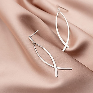 SLUYNZ 925 Sterling Silver Shiny Bar Dangle Earrings for Women Teens Flat Bar Earrings Curve Line Earrings (A-Silver)
