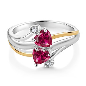 Gem Stone King 925 Sterling Silver and 10K Yellow Gold Red Created Ruby and White Lab Grown Diamond Ring For Women (1.22 Cttw, Heart Shape 5MM, Available In Size 5, 6, 7, 8, 9)