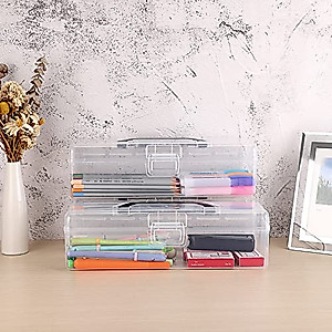 BTSKY 3 Pack Long Plastic Pencil Box Portable Clear Home Utility Boxes with Black Handle Stationery Storage Organizer Painting Tool Storage Container for Pencils Markers Sticky-Notes Craft Supplies