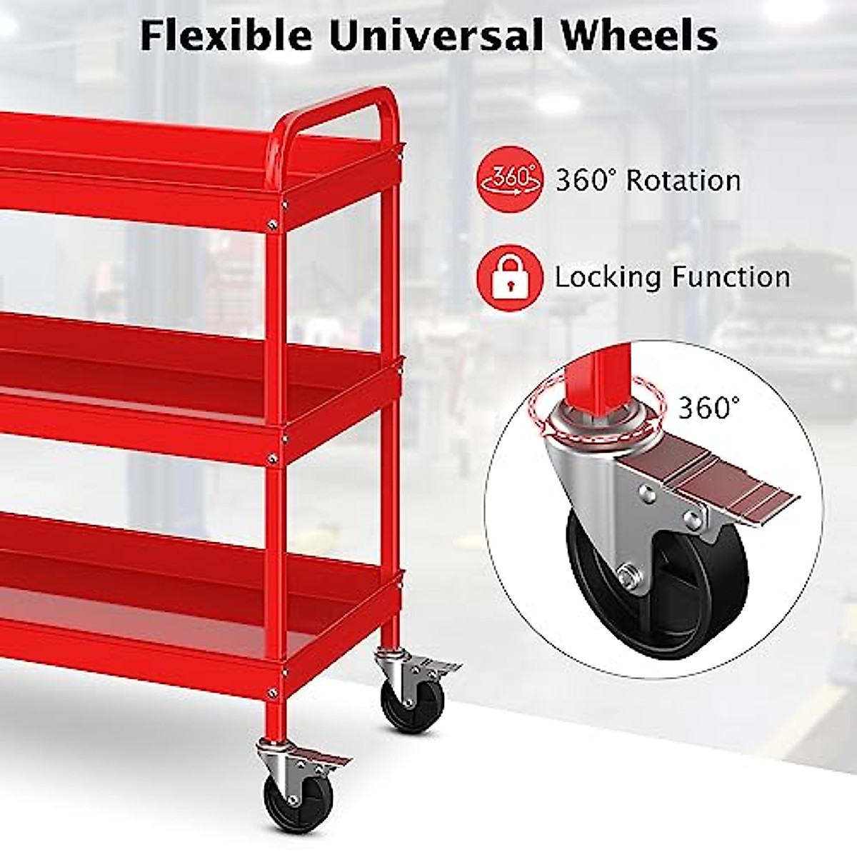 Goplus Service Cart, Heavy Duty 3-Tier Utility Cart with Flat Handle, 2 Lockable Universal Wheel, 400 lbs Capacity, Rolling Tool Cart for Garage, Kitchen, Hotel, Office, Workshop, Restaurant
