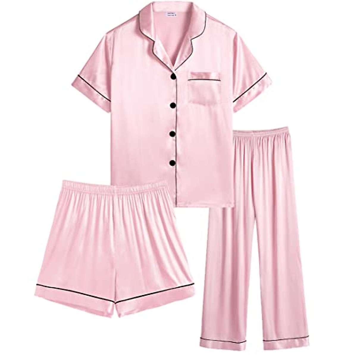 SWOMOG Womens 3 Piece Silk Satin Pajamas Short Sleeve Pjs Sets Shorts and Capri Bottom Pajama Pants Loose Outfit Sleepwear Pink