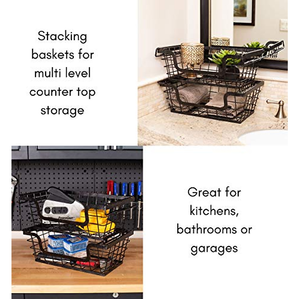 BirdRock Home Wire Basket for Storage - Set of 2 Baskets - Stackable - Hanging – Wall Shelf - Fruit Vegetable Organization – Pantry Cabinet - Metal Bin for Kitchen Counter – Bathroom Storage