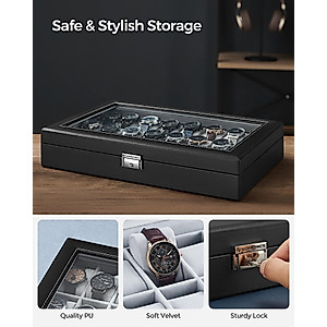 SONGMICS Watch Box, 24-Slot Watch Case, Lockable Watch Storage Box with Glass Lid, Gift Idea, Ink Black Synthetic Leather, Gray Lining UJWB024