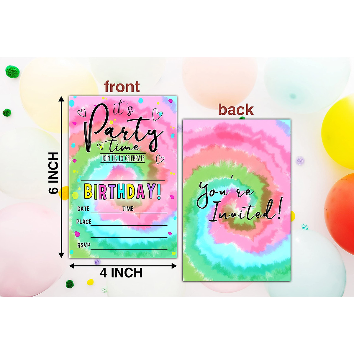 Birthday Party Invitation Cards for Teens, Tie Dye Party, Party Invitation for Girls Boys, Party Celebration for Kids, Personalized 20 Cards With 20 Envelopes – A002