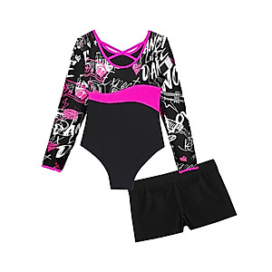 Jhaoyu Kids Girls Ballet Dance Gymnastics Leotards Long Sleeve Printed Bodysuit Unitard with Biketards Shorts Tracksuit Rock Rose 8 Years