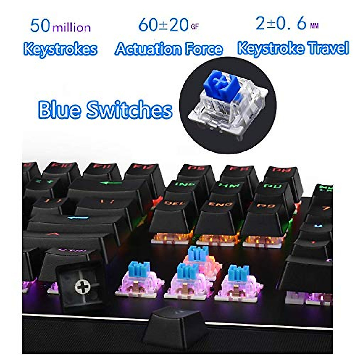 Blue Switch Mechanical Gaming Keyboard - Backlit Wired Gaming Keyboard - 104 Standard Keys - PC Gaming Keyboard for Windows Computer Gamers