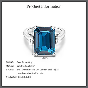 Gem Stone King 925 Sterling Silver London Blue Topaz With Accent Stone Engagement Ring For Women (9.57 Cttw, Emerald Cut 14X10MM, Gemstone Birthstone, Available in size 5, 6, 7, 8, 9)
