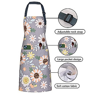 ARBINSON 2 Pack Floral Apron for Women with Pockets, Adjustable Cotton Chef Aprons for Kitchen, Cooking, BBQ & Grill (Green/Leaves)