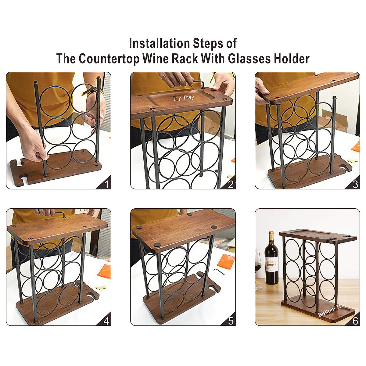 ALLCENER Wine Rack with Glass Holder, Countertop Wine Rack, Wooden Wine Holder with Tray, Perfect for Home Decor & Kitchen Storage Rack etc (Hold 6 Bottles and 2 Glasses )