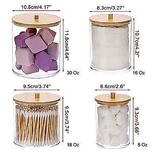 Hipiwe 4 Pack Acrylic Qtip Holder Dispenser with Lid Clear Plastic Apothecary Jar Set Large Bathroom Canister Storage Organizer for Cotton Swab and Ball, Cotton Round Pads, Floss (30+18+16+8 Oz)