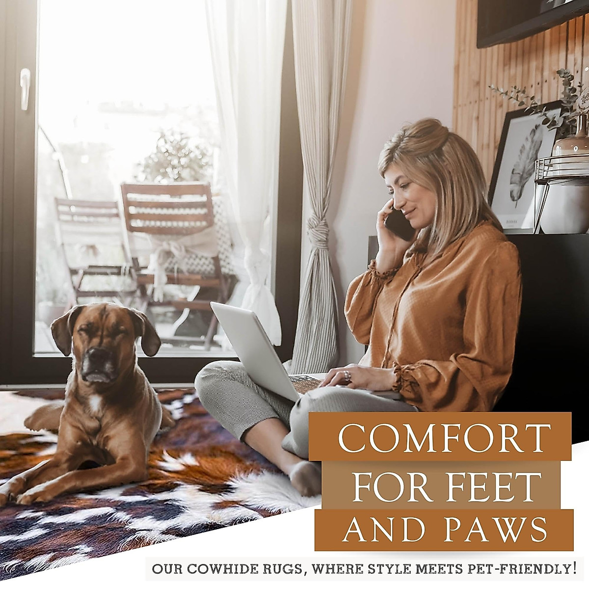 Sunshine Cowhides 100% Genuine Tricolor Spotted Cowhide Rug - Modern Style Animal Skin Rug & Floor Carpet for Living Room, Bedroom, Kitchen & More - Large (6x6-7ft)