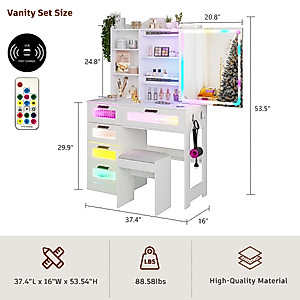 FOMNEY RGB LED Vanity Desk with Mirror and Lights, Makeup Vanity Desk with 3-in-1 Charging Station, Vanity Set with Stool＆Sliding Touch Mirror, Makeup Dressing Table with 5 Drawers (White)