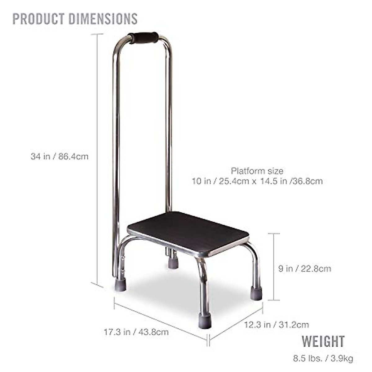 DMI Step Stool with Handle and Non Skid Rubber Platform, Lightweight and Sturdy Stool for Seniors, Adults and Children, Holds up to 300 Pounds with 9.5 Inch Step Up, 17.3"D x 12.3"W x 34"H, Chrome