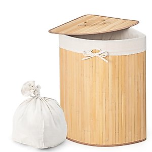 Giantex Corner Laundry Hamper with Lid, 58 L Bamboo Laundry Basket with Removable Liner & Handle, Triangle Clothes Hamper for Small Spaces, Bedroom, Bathroom, Laundry & Living Room (Natural)
