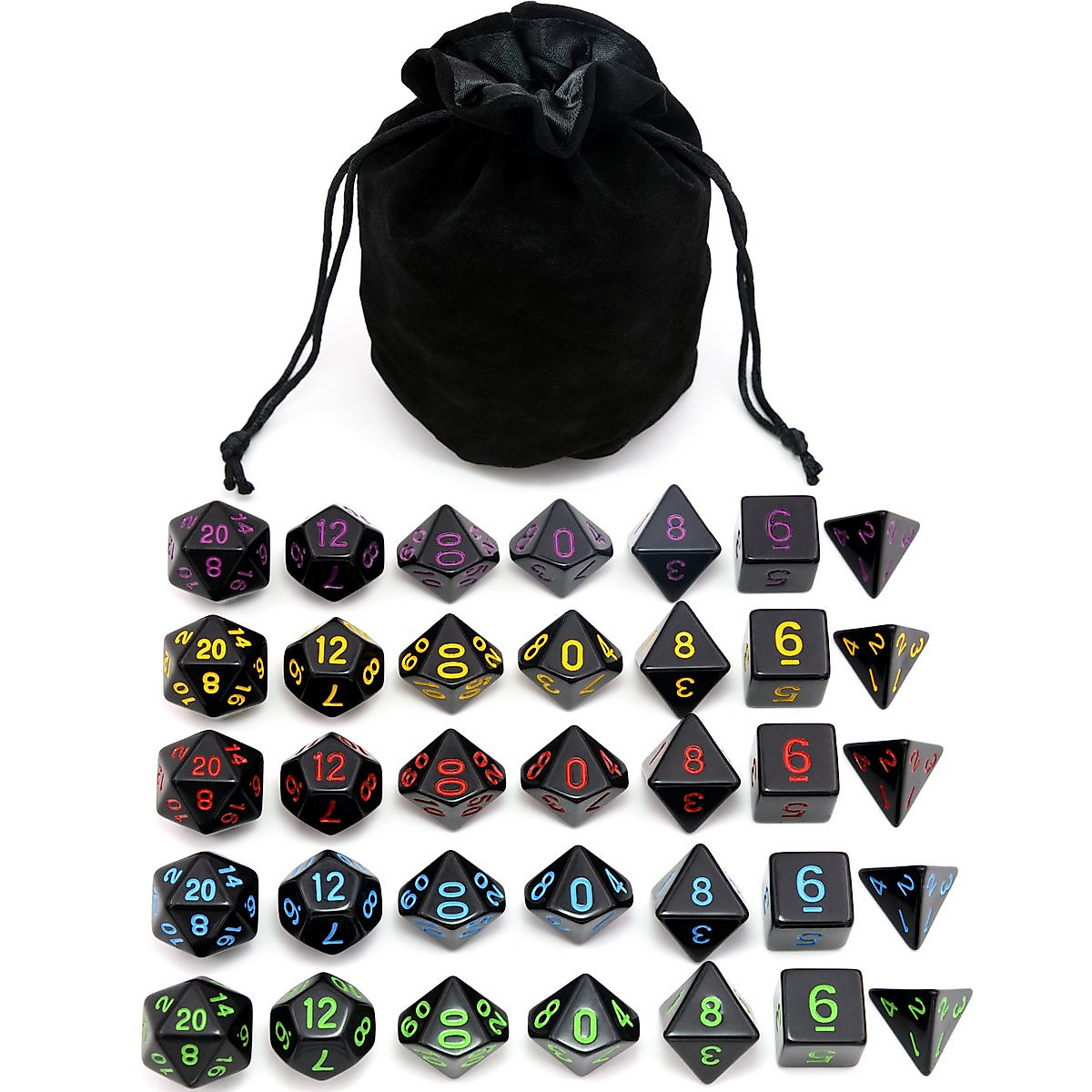 5 Sets New Black Polyhedral Dice with Satin-Lined Velvet Bag for Dungeons and Dragons DND RPG MTG D20 D12 D10 D8 D6 D4