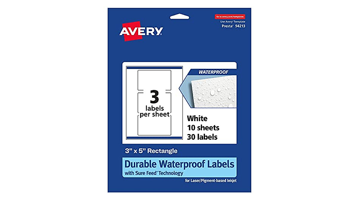 Avery Waterproof Rectangle Labels 3x5 with Sure Feed - Durable & Easy ...
