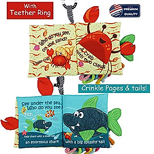 Soft Cloth Crinkle Books Touch Feel Baby Books 0-6 Months for Babies,Infants,Toddlers,Baby Boy Girl Toys 0-3 Months 6 to 12 Months 1-3 Years Old Shower Gifts Box, Sensory Toy Fish Octopus,Teether Ring