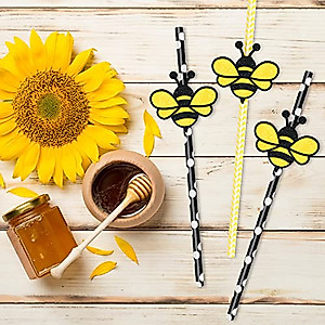 Whaline 100Pcs Summer Paper Straws Glitter Bee Disposable Paper Straws Yellow Black Dot Stripe Bee Decorative Straws Baby Shower Drinking Straw for Bee Day Party Supplies Juices Shakes Cocktail Decor