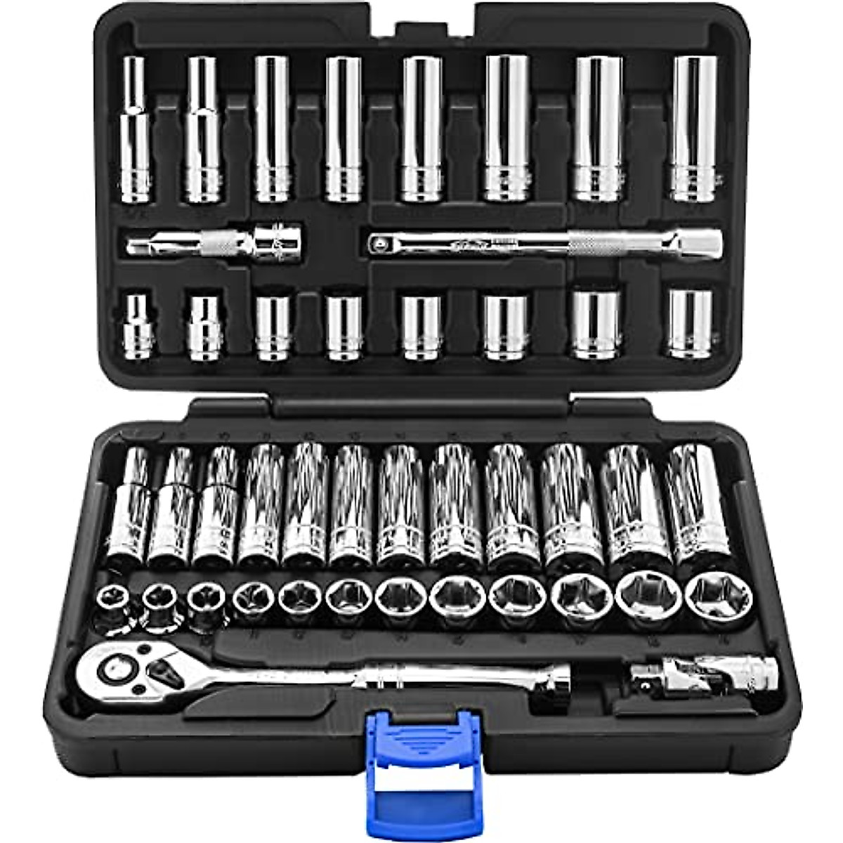 EPAuto 45 Pieces 3/8" Drive Socket Set with 72-Tooth Pear Head Ratchet