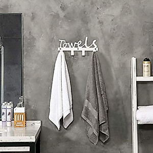MyGift Wall Mounted White Metal Hand and Bath Towel Rack Holder with 4 Hooks and Towels Cut Out Design