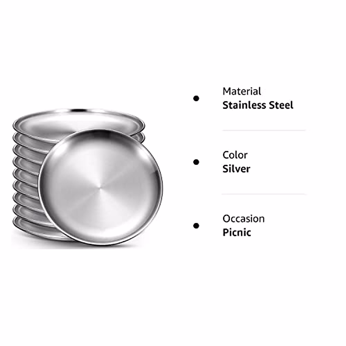 10 Pcs 18/8 Stainless Steel Plate 304 Stainless Steel Dishes 8 Inches Adult Plates Reusable Camping Plates Dishwasher Safe Feeding Serving Flat Plate Double Layers Round Dessert Plate (Silver)