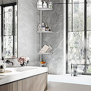 Tangkula 60"-108" Adjustable Shower Caddy Tension Pole, 4 Tier Drill Free Organizer w/3 Removable Baskets & 1 Soak Tray, Rustproof Aluminum Corner Shower Storage Rack (Silver)