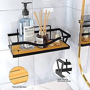 Shower Caddy Organizer, Natural Bamboo Shower Shelves with 4 Hooks, No Drilling Rustproof Stainless Steel Shower Organizer for Inside Shower & kitchen organization and storage, Matte Black, Set of 2