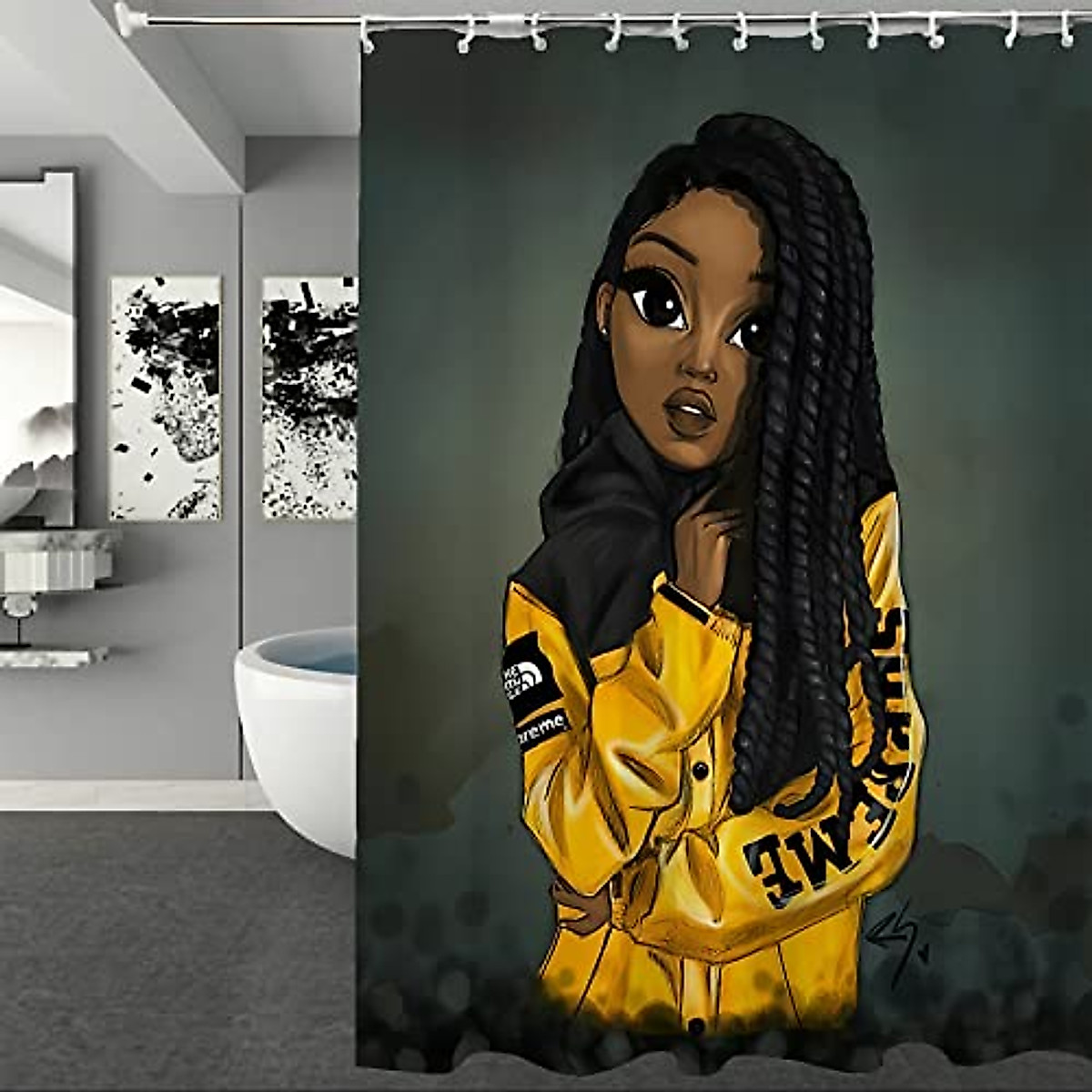 TIMYCA Black African Girl Bathroom Sets with Shower Curtains and Rugs, Toilet Lid Cover, Bath Mat, Inspirational Quote African Shower Curtain Set with Hooks, Waterproof Bathroom Shower Curtain Sets