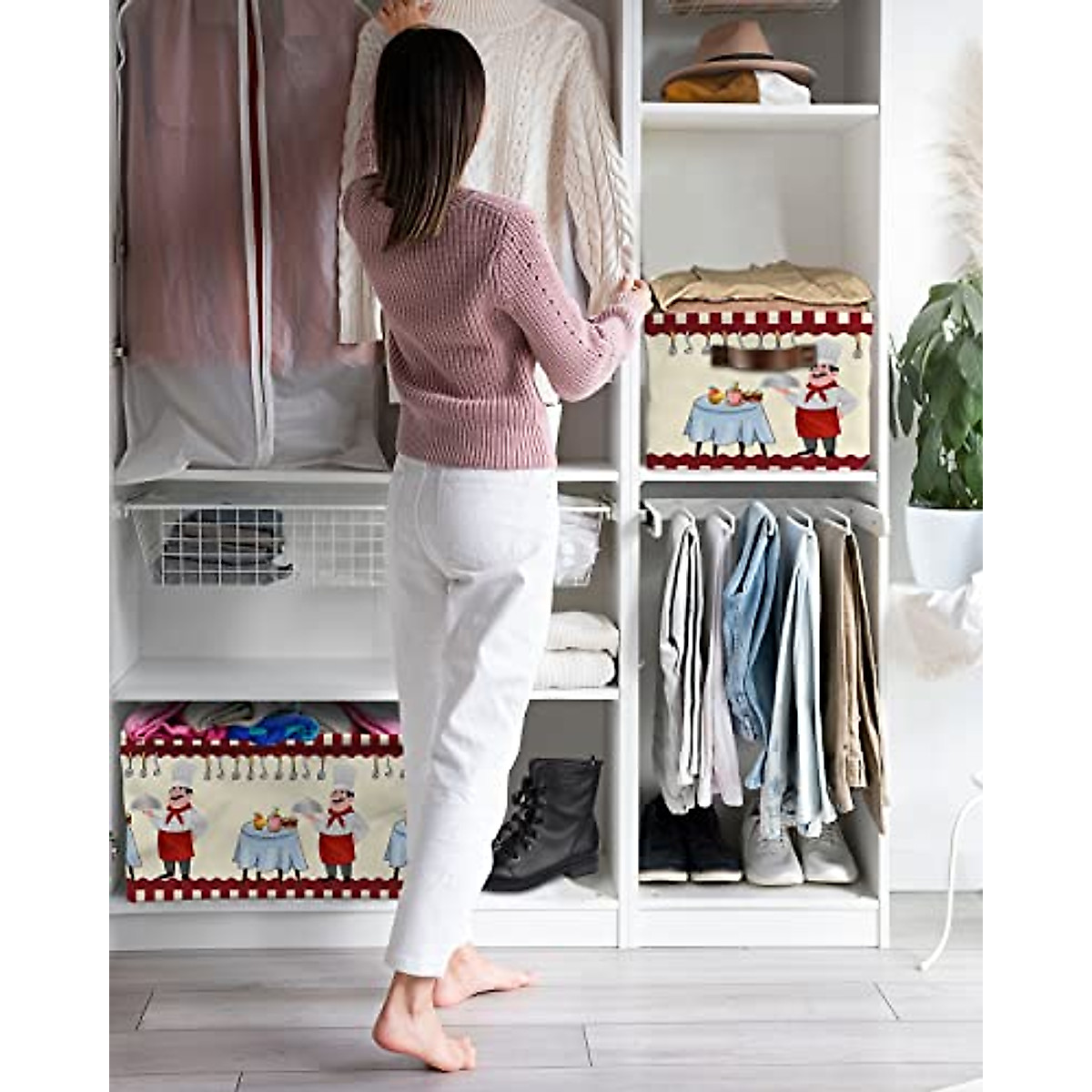 Storage Baskets for Organizing, Toy Box Chest Chef Gourmet Knife And Fork Foldable Cube Storage Bin with 2 Leather Handles Set of 1