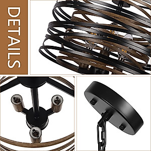 12.6'' Farmhouse Chandeliers for Dining Room, 3-Light Industrial Metal Hanging Light Fixture, Rustic Drum Pendant Light for Entryway Kitchen Foyer Bedroom, Black with Retro Wood Texture Interior